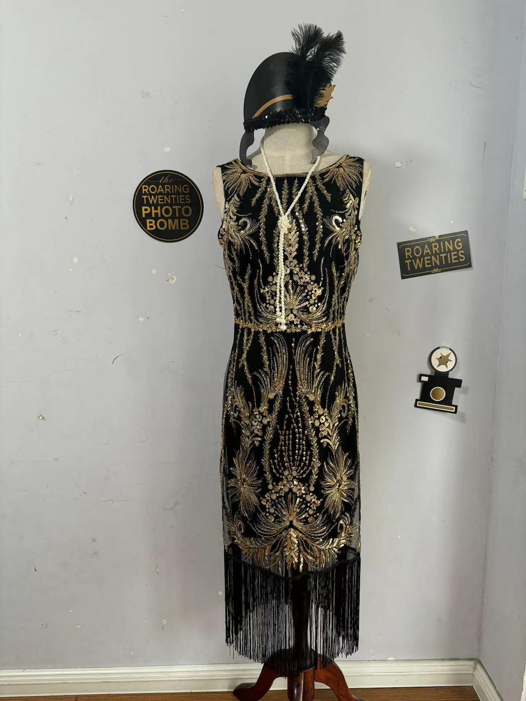 1920S Art Deco Gatsby Beaded Sequined Beige Gold Flapper Cocktail Dress ...