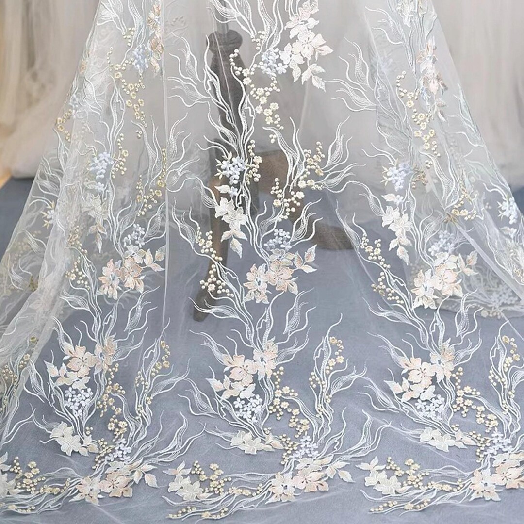 Embroidered Floral Tulle Lace Fabric, 3D Flowers Wedding Veil Material ...