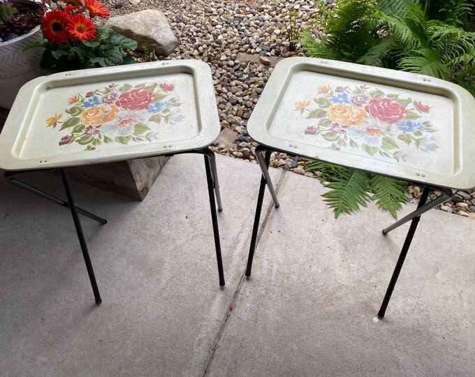 Set of 2 Vintage Folding TV Trays – Beige Floral MCM, Metal, 24" Tall ...