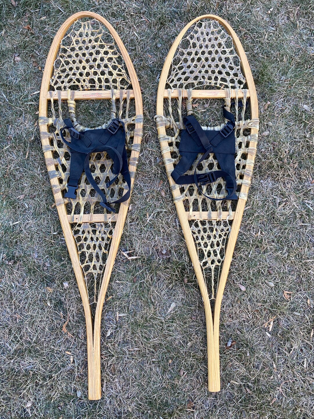 Vintage Wooden Snowshoes Set Rawhide Rustic Cabin Man Cave Decor ...
