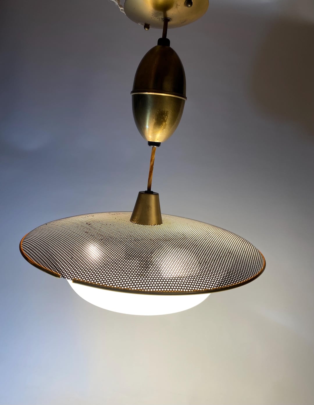 Vintage MCM Retractable Pull-down Light Fixture Brass/gold & White Mid ...