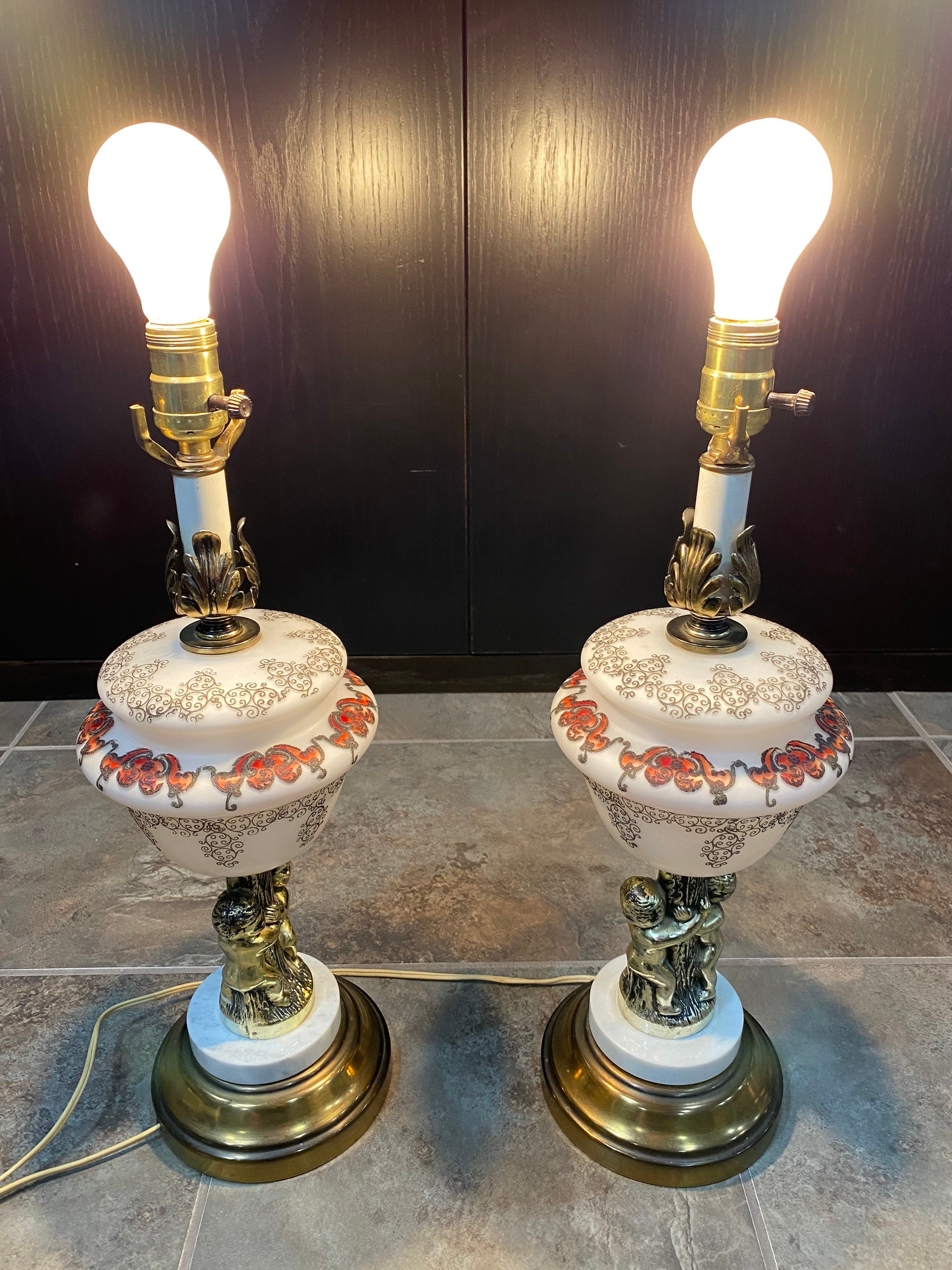 Victorian Table Lamps Marble Base Brass Red White Hurricane | Etsy