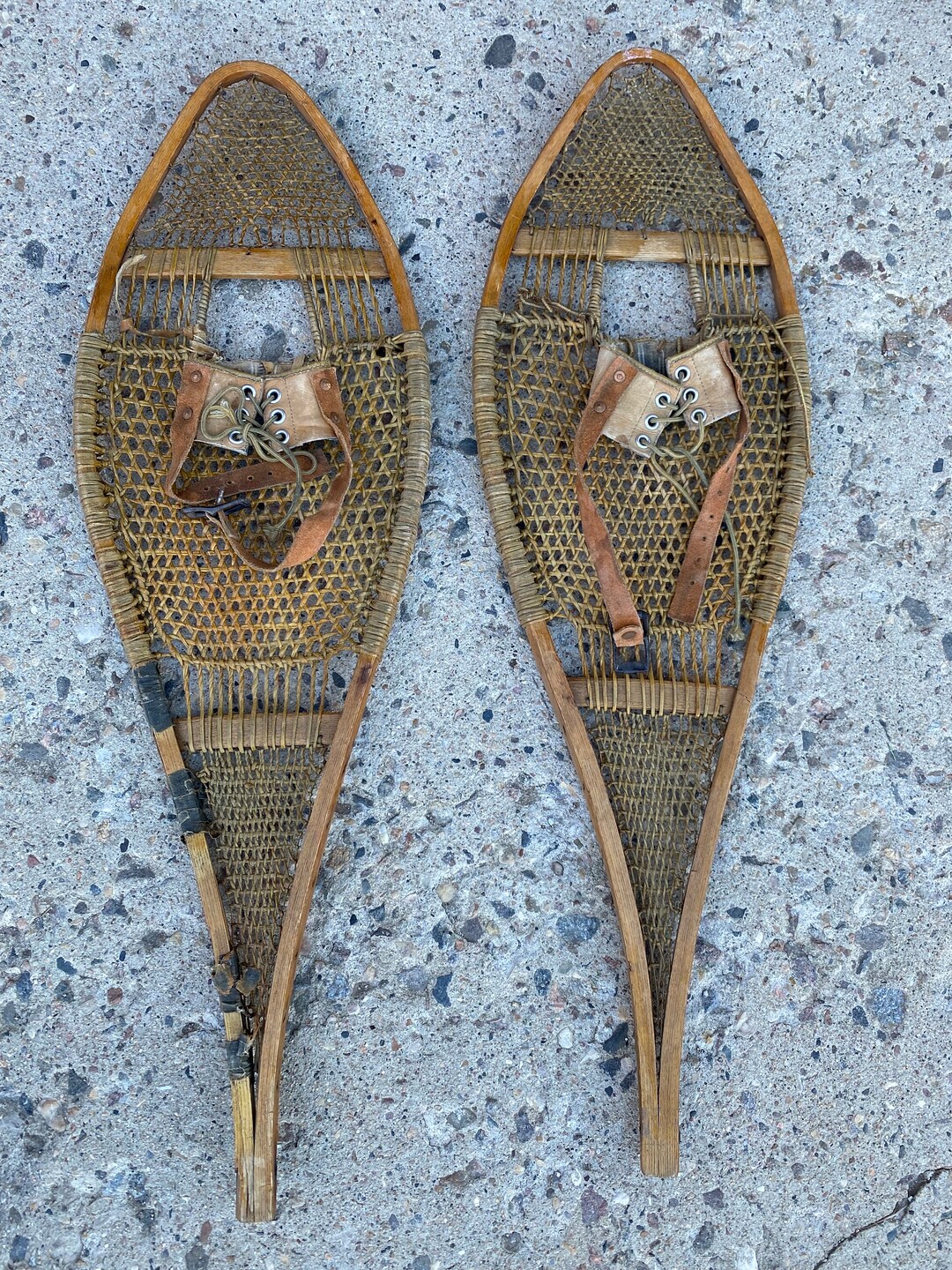 Vintage Wooden Snowshoes Set Rawhide Rustic Cabin Man Cave Decor ...