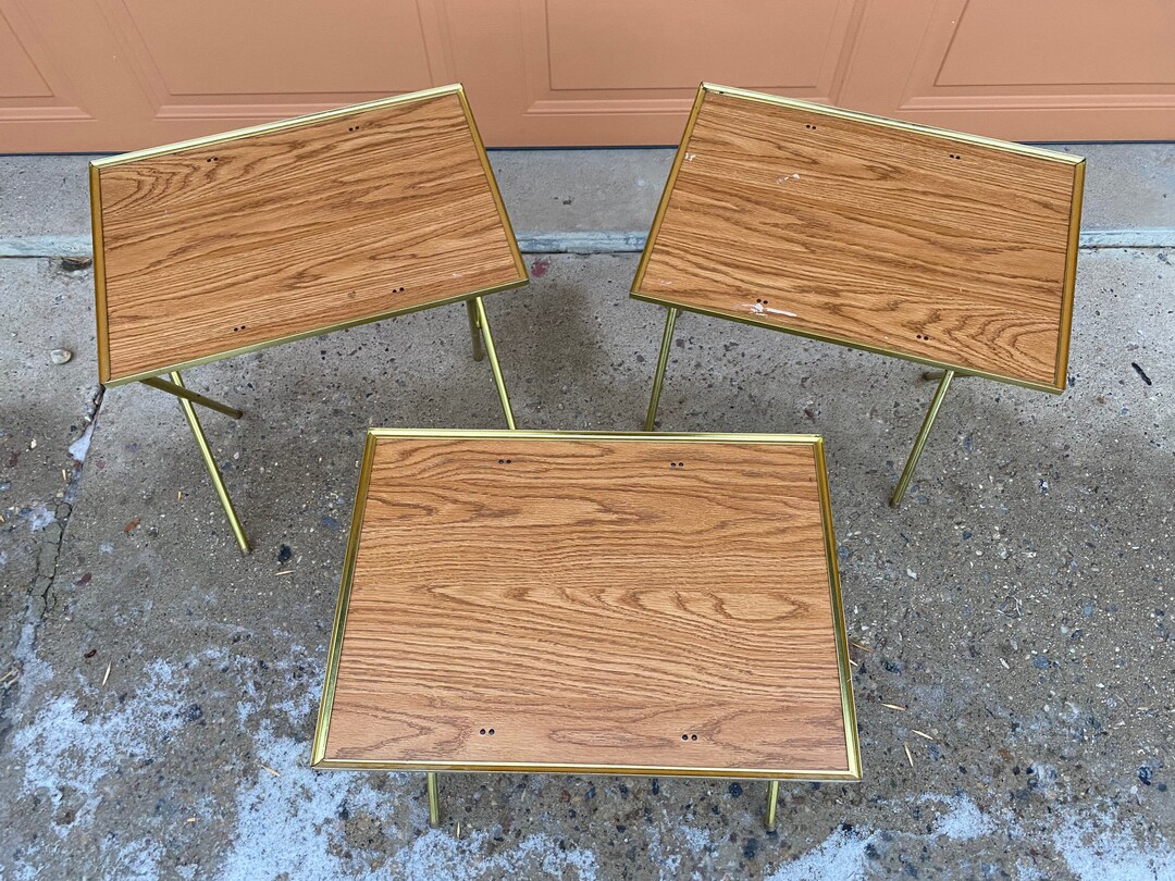 Set of 3 Folding TV Tray, Snack Tables, Vintage, Wood Grain, MCM Mid ...