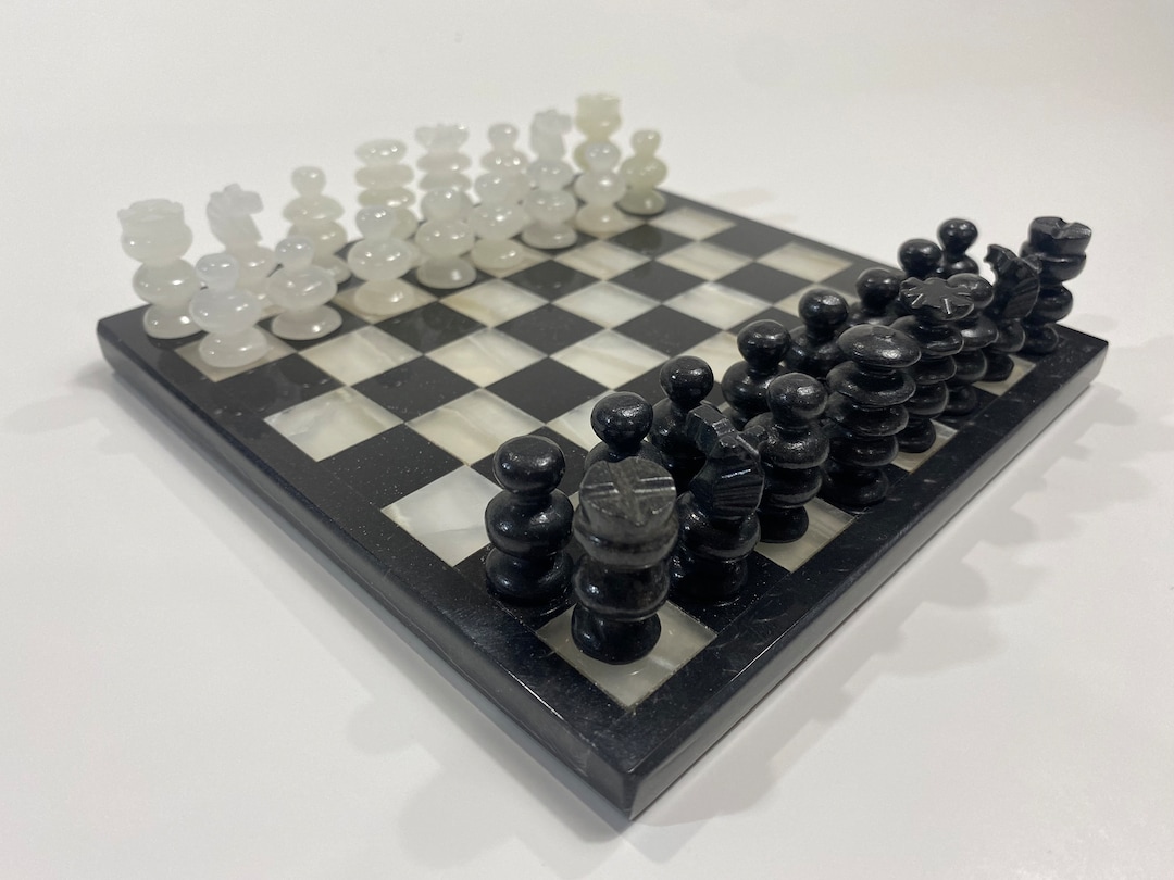Chess Set Mexican Aztec Stone Black White Onyx, Hand Carved Heavy 7.5 ...