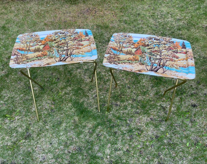 Set of 2 Vintage Folding Metal TV Trays – Forest Scene, MCM, Mixed Legs ...
