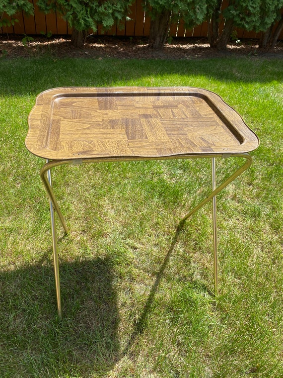 TV Snack Tray Metal Vintage Folding Brown Wood Grain Checker - Etsy