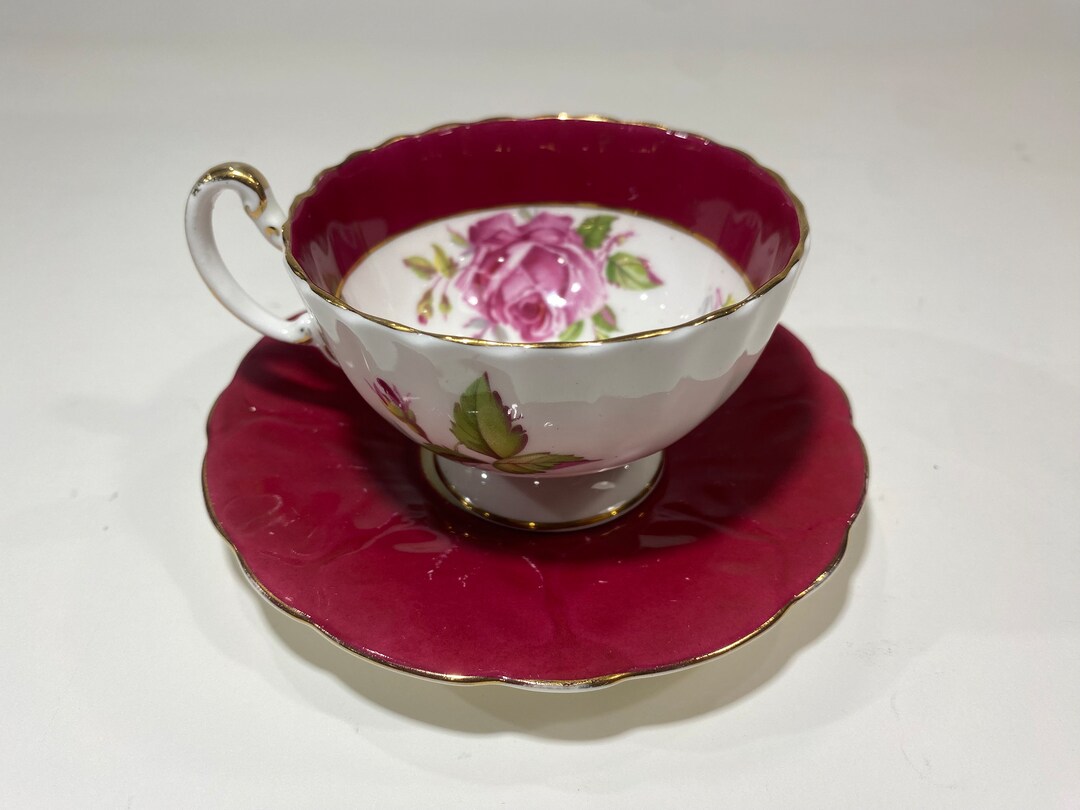 Rare Red Aynsley Teacup With Pink Cabbage Roses Tea Cup - Etsy
