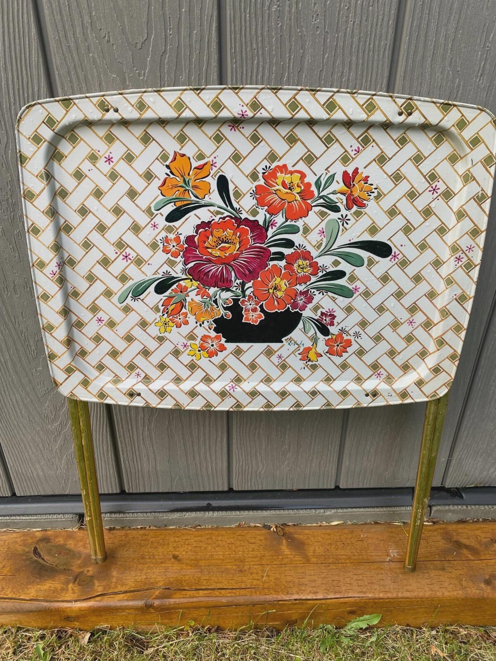 Vintage MCM Folding TV Tray, Table, Snack Floral, White Orange Flowers ...