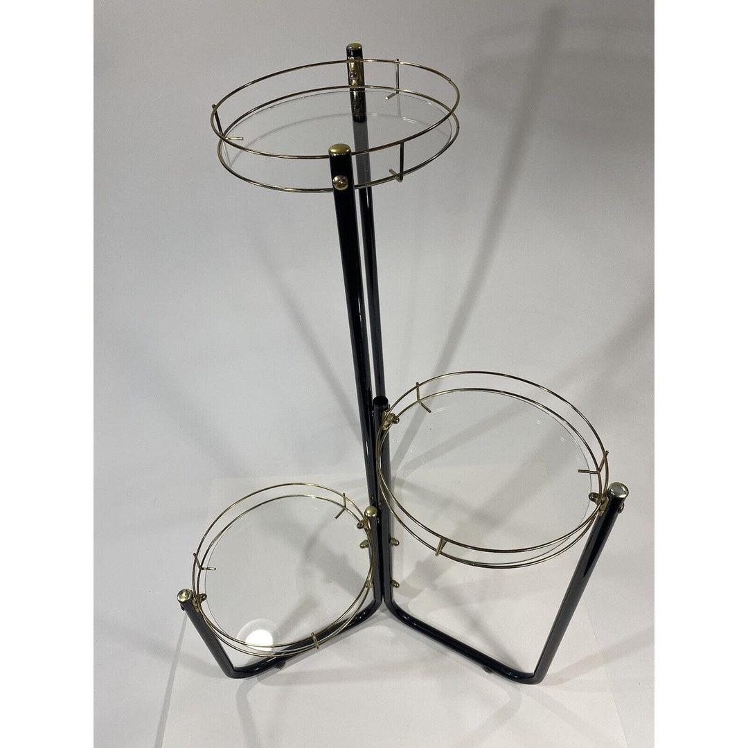 Vintage 3 Tier Plant Stand MCM Gold Black Metal W Round Glass Shelves ...