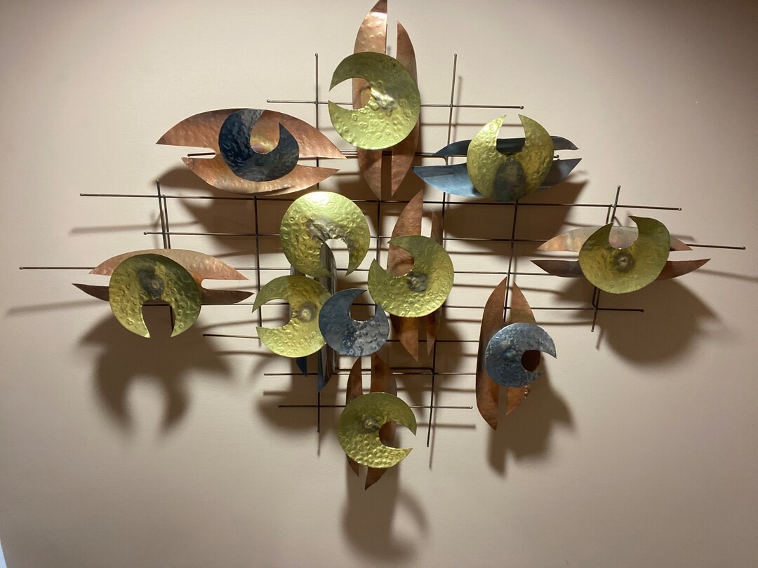 Large Brutalist Metal Wall Art Sculpture Brass Copper MCM Mid Century ...