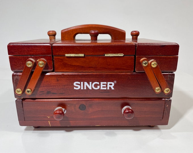 Small Vintage Singer Sewing Box Wooden Accordion Style Fold Out Caddy ...