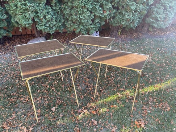 Set of 4 Folding TV Tray Snack Tables Parquet Wood Grain - Etsy