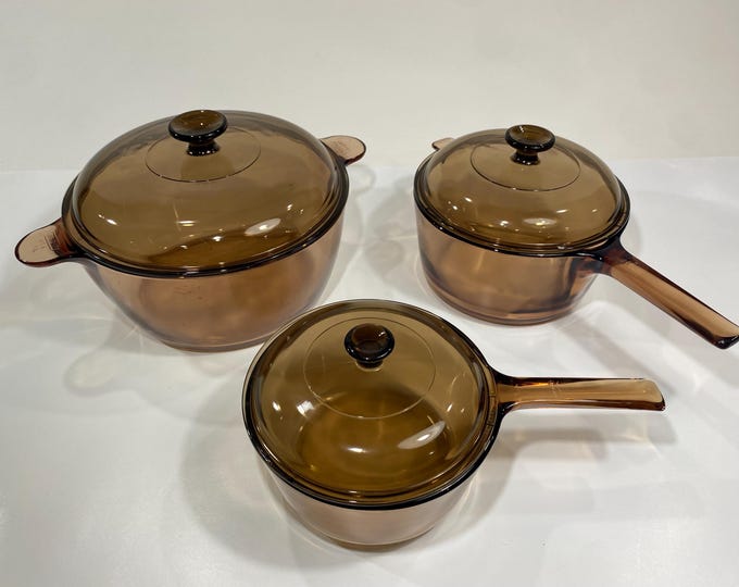 Vintage Corning Ware Visions Pyrex Amber Cookware Pot Set 6 Pc Glass ...