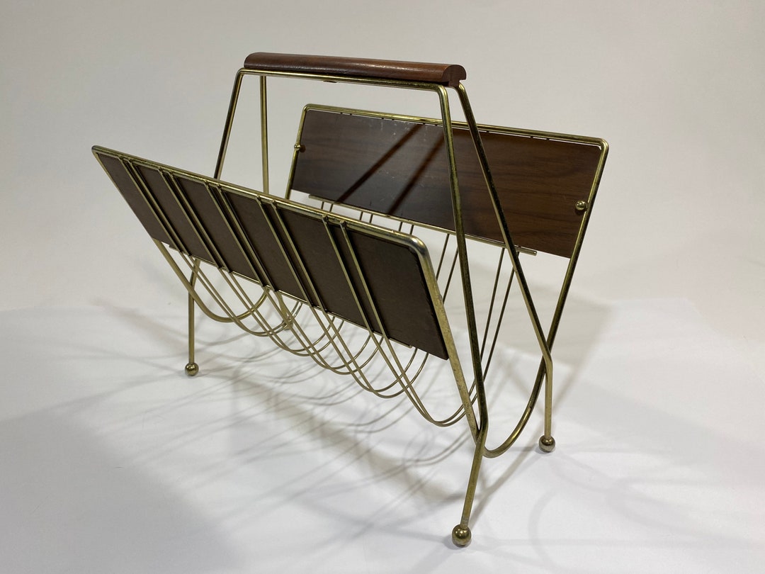 MCM Teak, Brass Magazine Rack Vintage Living Room Decor, Gold Mid ...
