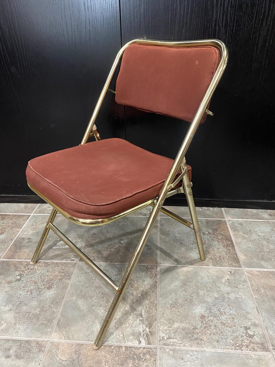 MCM Folding Chair Brass Gold Metal Frame Brown Seat Mid Century Modern ...