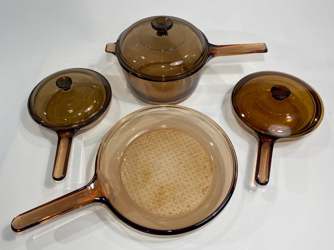 Vintage 7 Pc Corning Ware Visions Pyrex Amber Cookware Set Pots & Pans ...