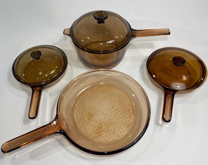 Vintage 7 Pc Corning Ware Visions Pyrex Amber Cookware Set Pots & Pans ...