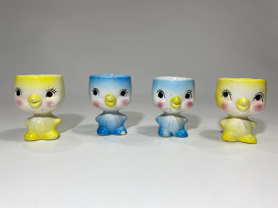 Set of 4 Vintage Blue Bird Chick Egg Cup, Egg Holder, Anthropomorphic ...