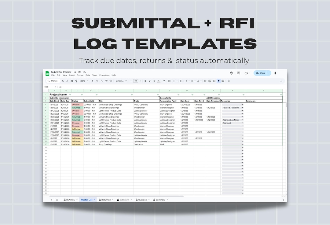 Submittal + RFI Log for Architects & Construction Teams | Google Sheets ...