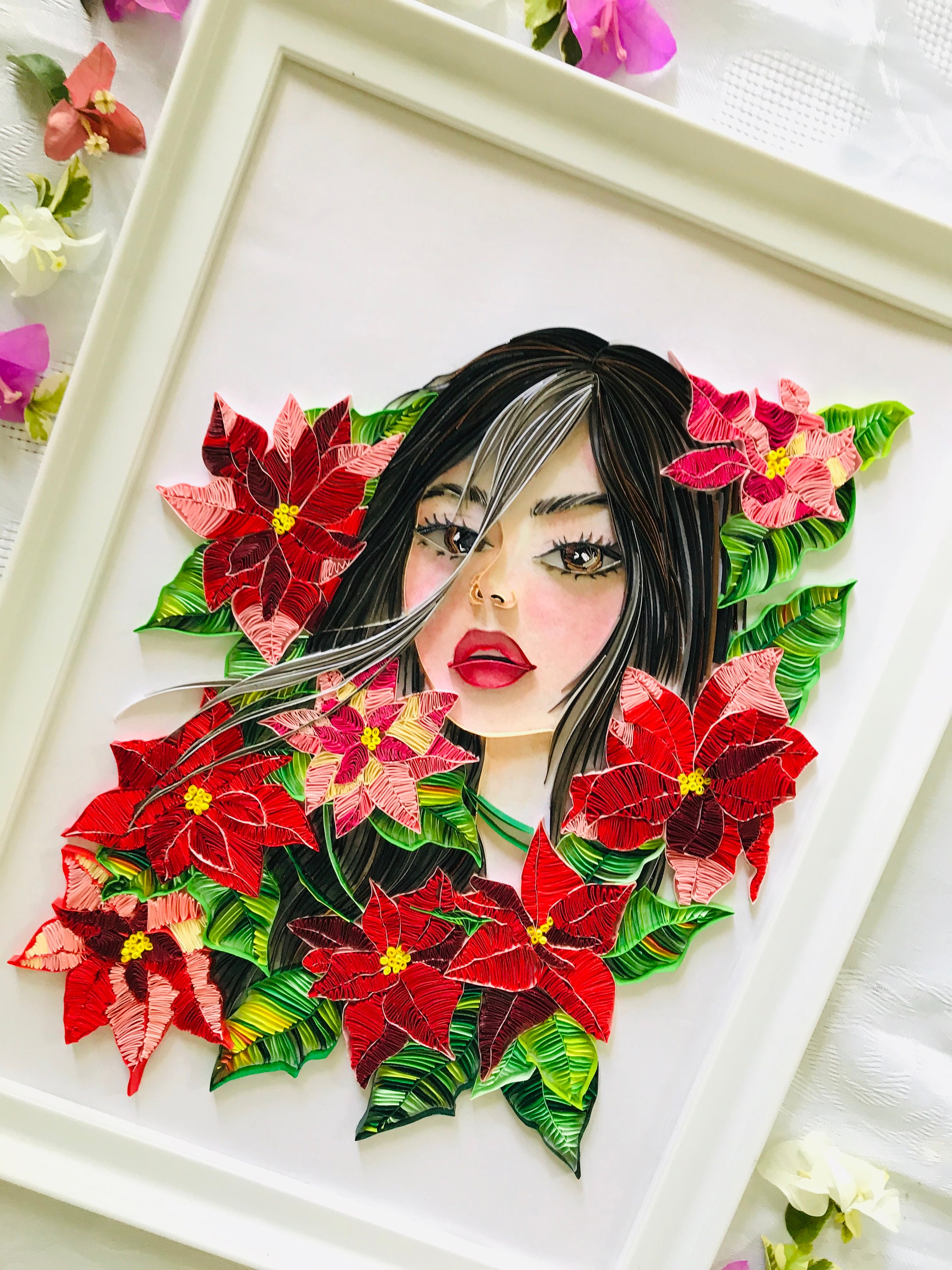 Handmade Paper Quilling Wall Art, Girl With Poinsettias - Etsy