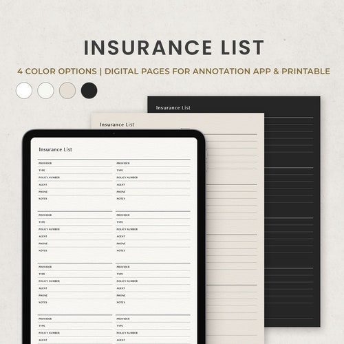 Insurance Information Tracker Insurance Contact List Digital - Etsy