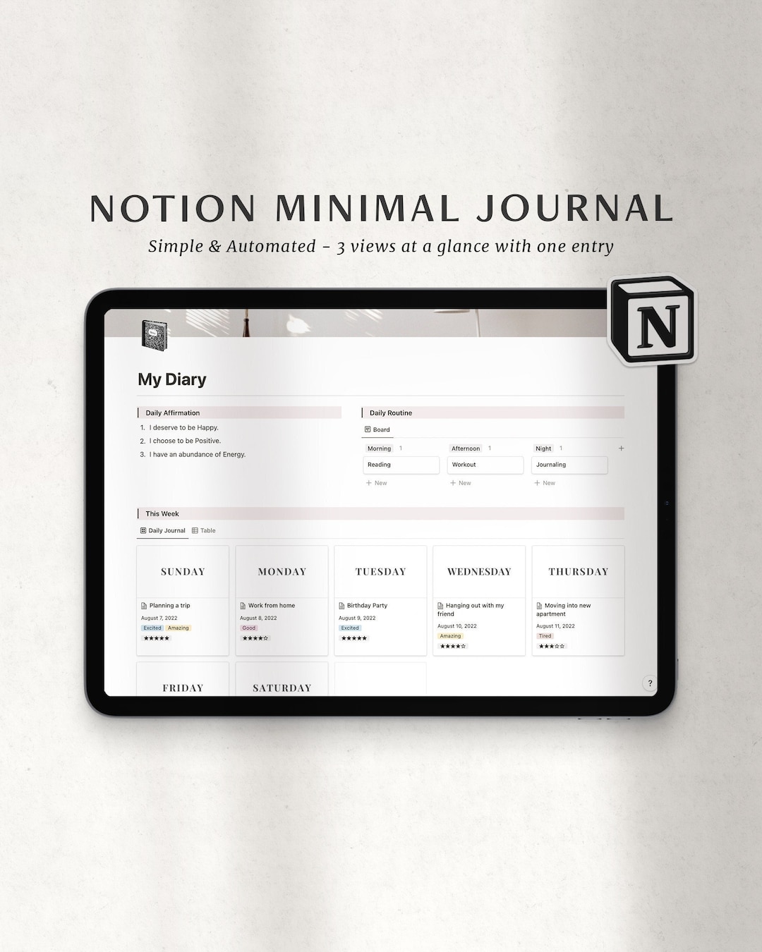 Notion Journal Template, Daily Diary Notion Planner With Weekly View ...
