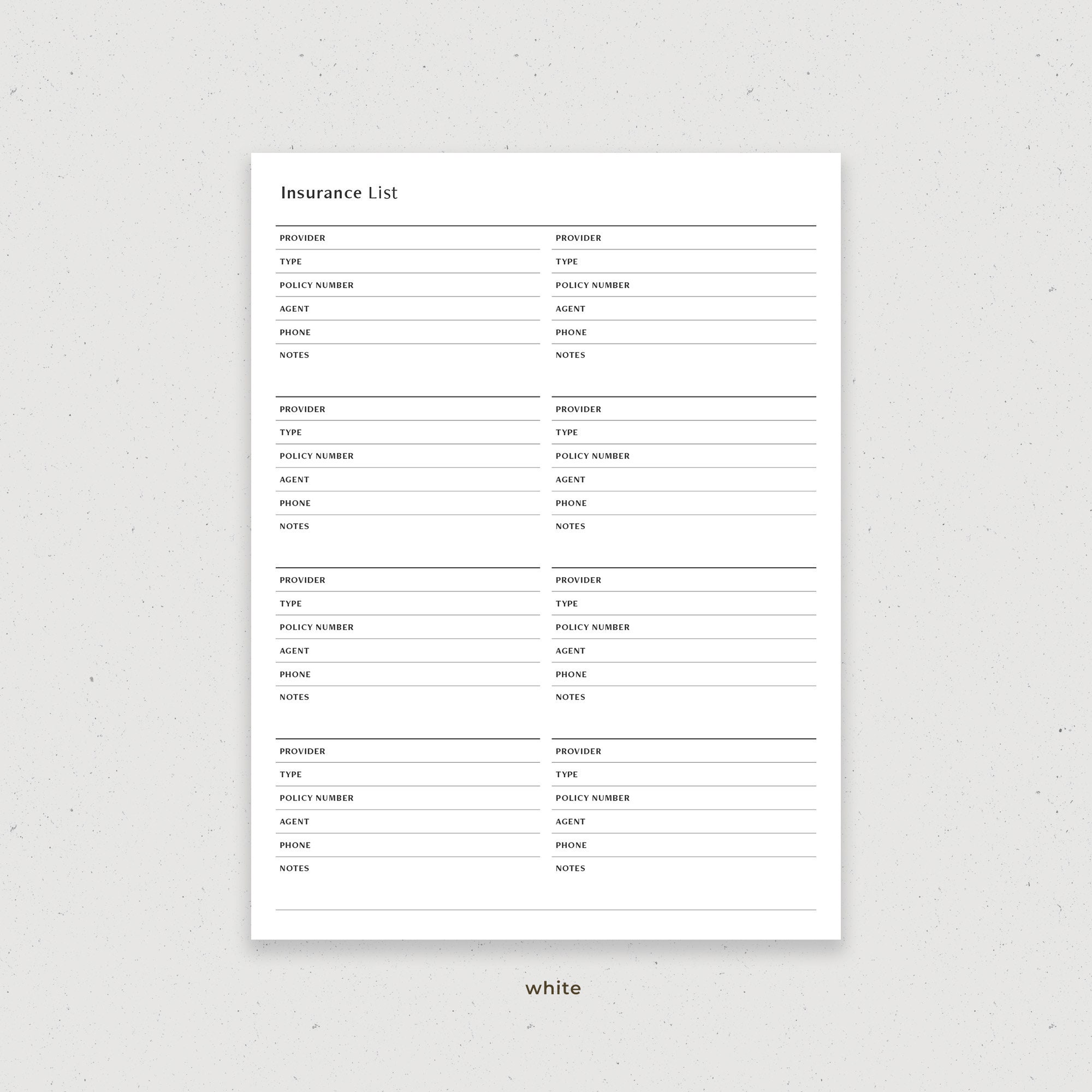 Insurance Information Tracker Insurance Contact List Digital - Etsy