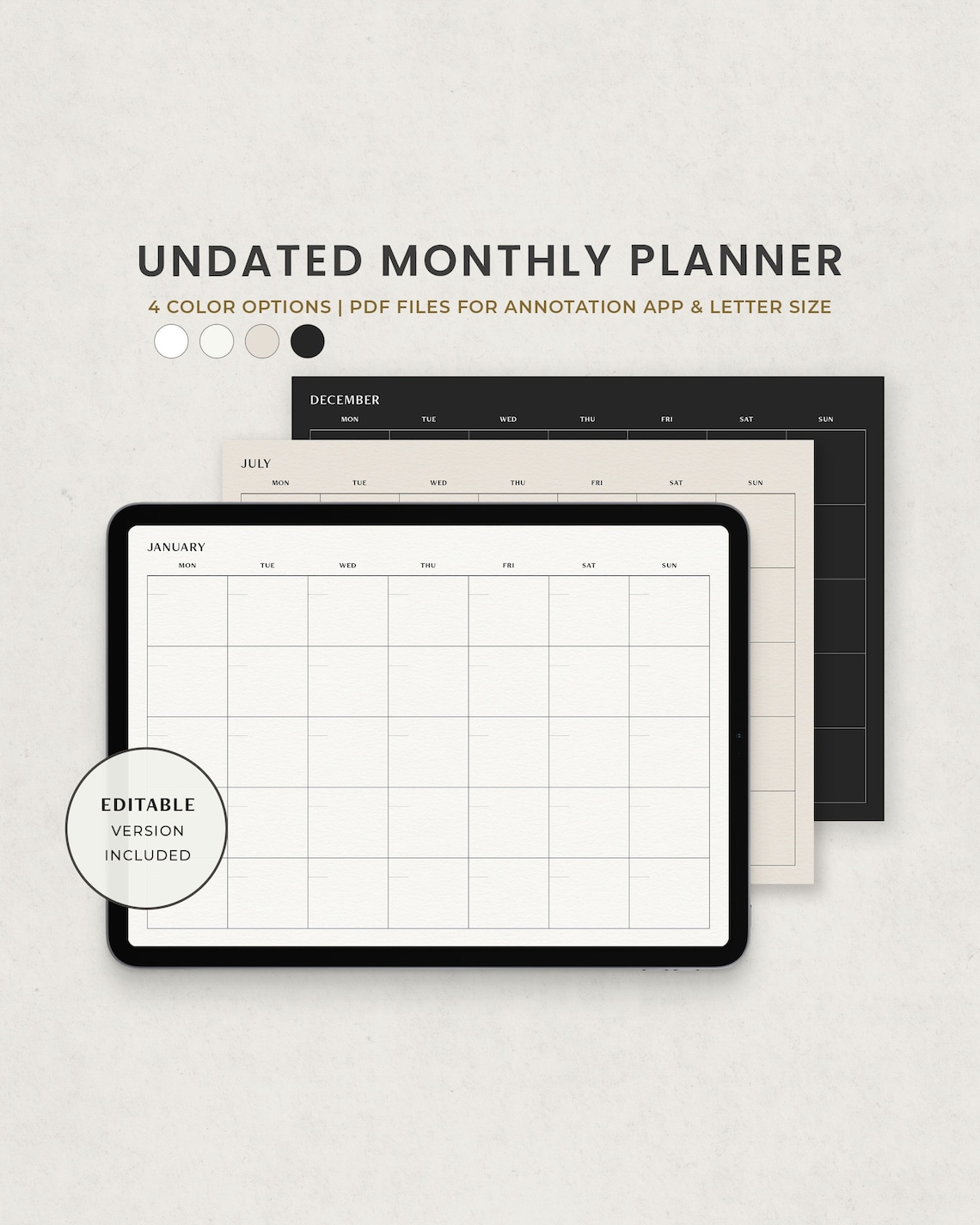 Monthly Planner Monthly Calendar Undated Digital Planner - Etsy