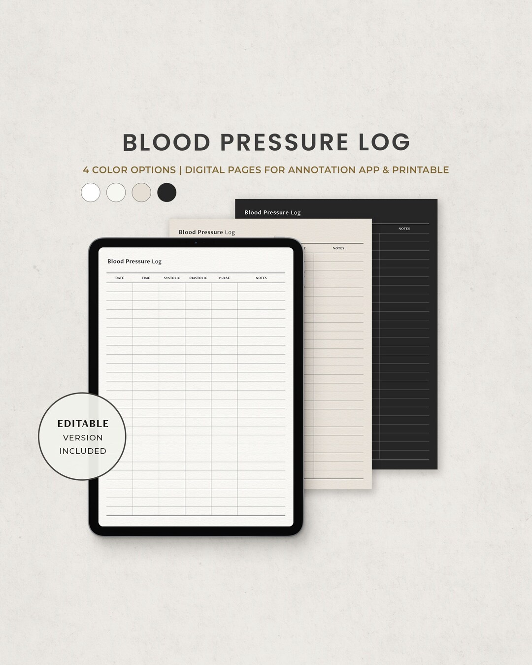 Blood Pressure Log, Heart Rate, Hypertension Digital Planner Template ...