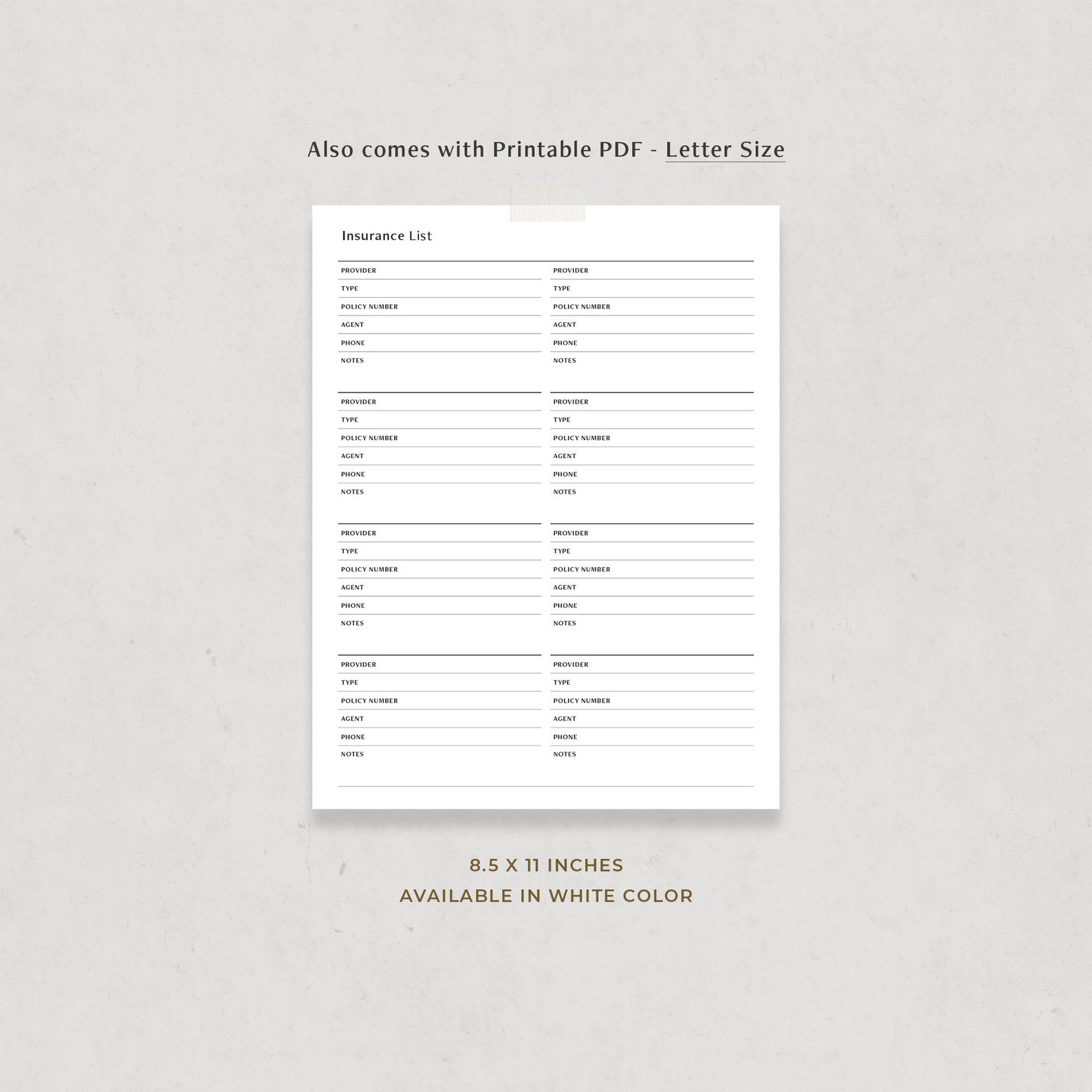 Insurance Information Tracker Insurance Contact List Digital - Etsy