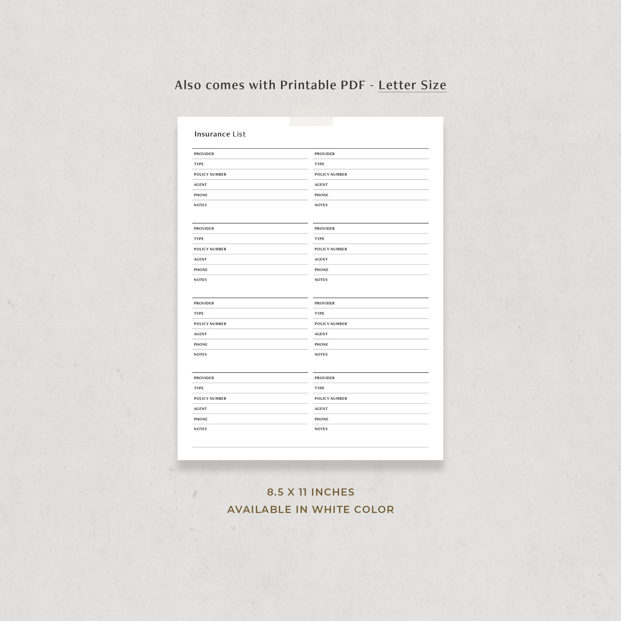Insurance Information Tracker Insurance Contact List Digital - Etsy