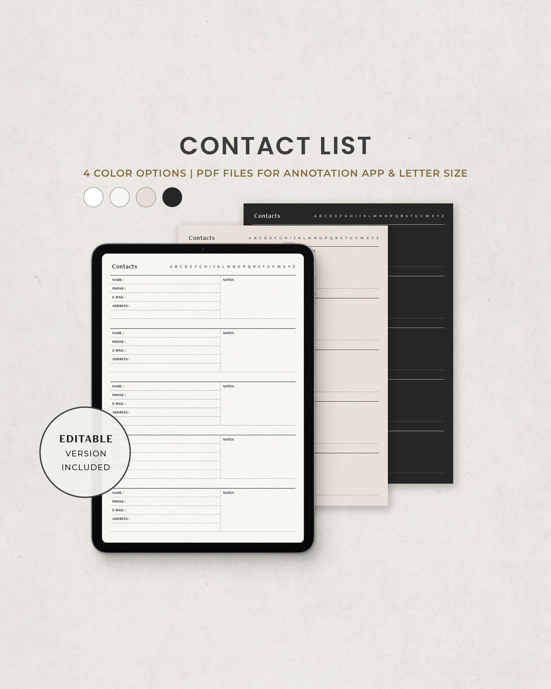 Contact List Digital Template, Address Tracker, Address Book, E-mail ...