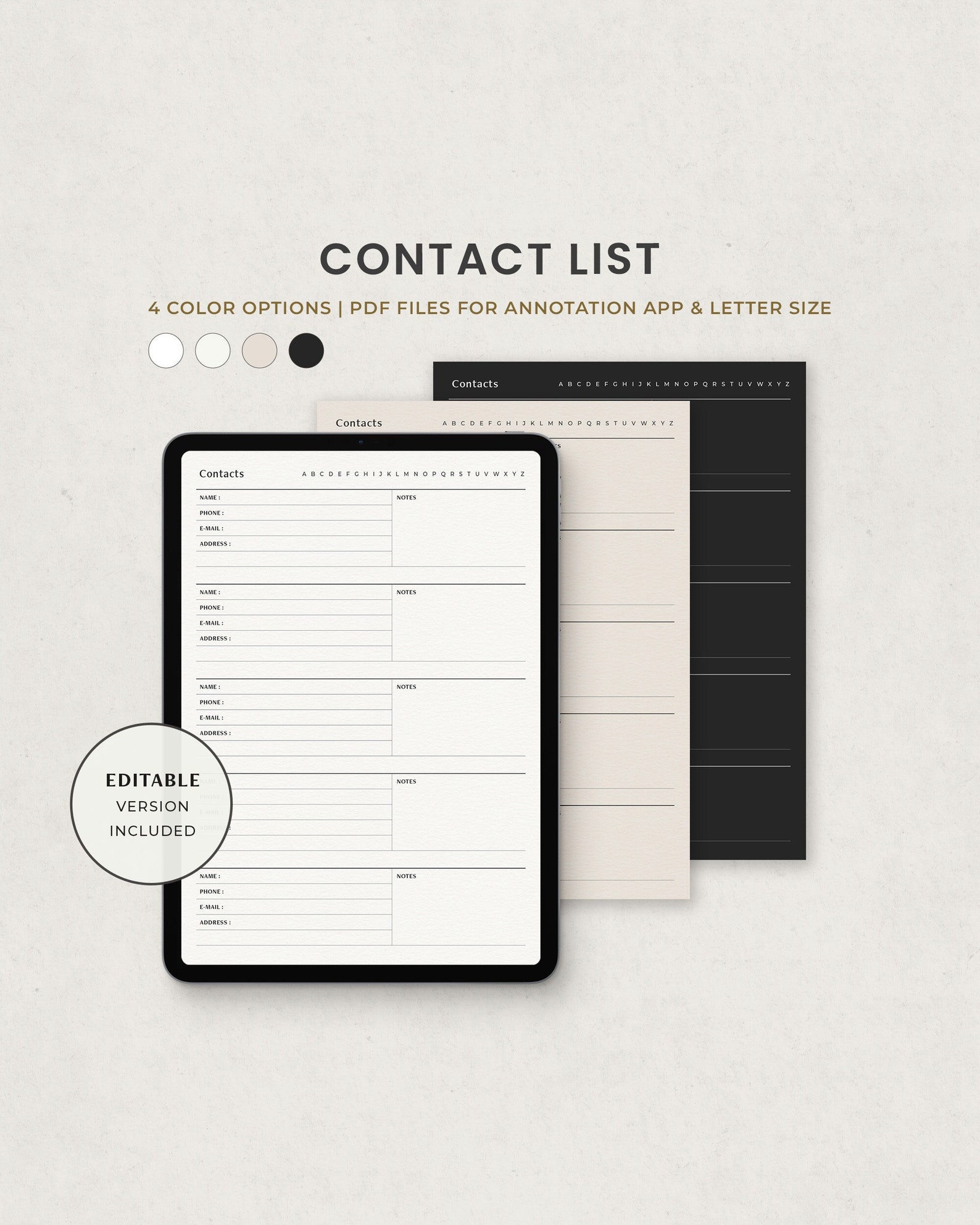 Contact List Digital Template, Address Tracker, Address Book, E-mail ...