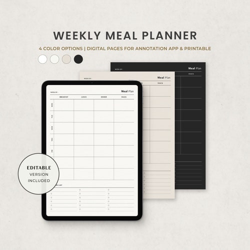 Meal Planner Digital Template With Snack Weekly Menu Grocery - Etsy