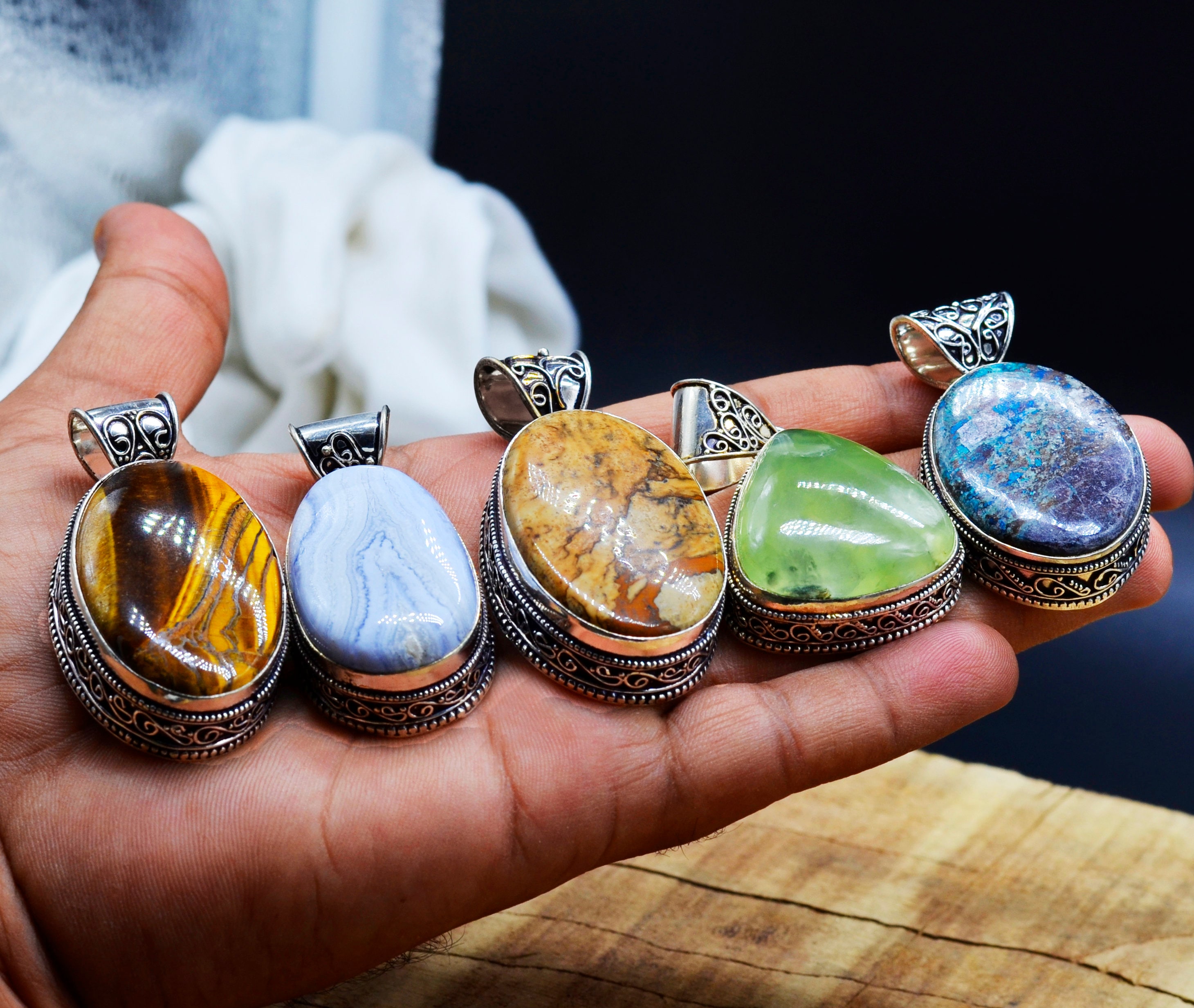 Natural Assorted Gemstone Pendant Silver Plated Designer - Etsy