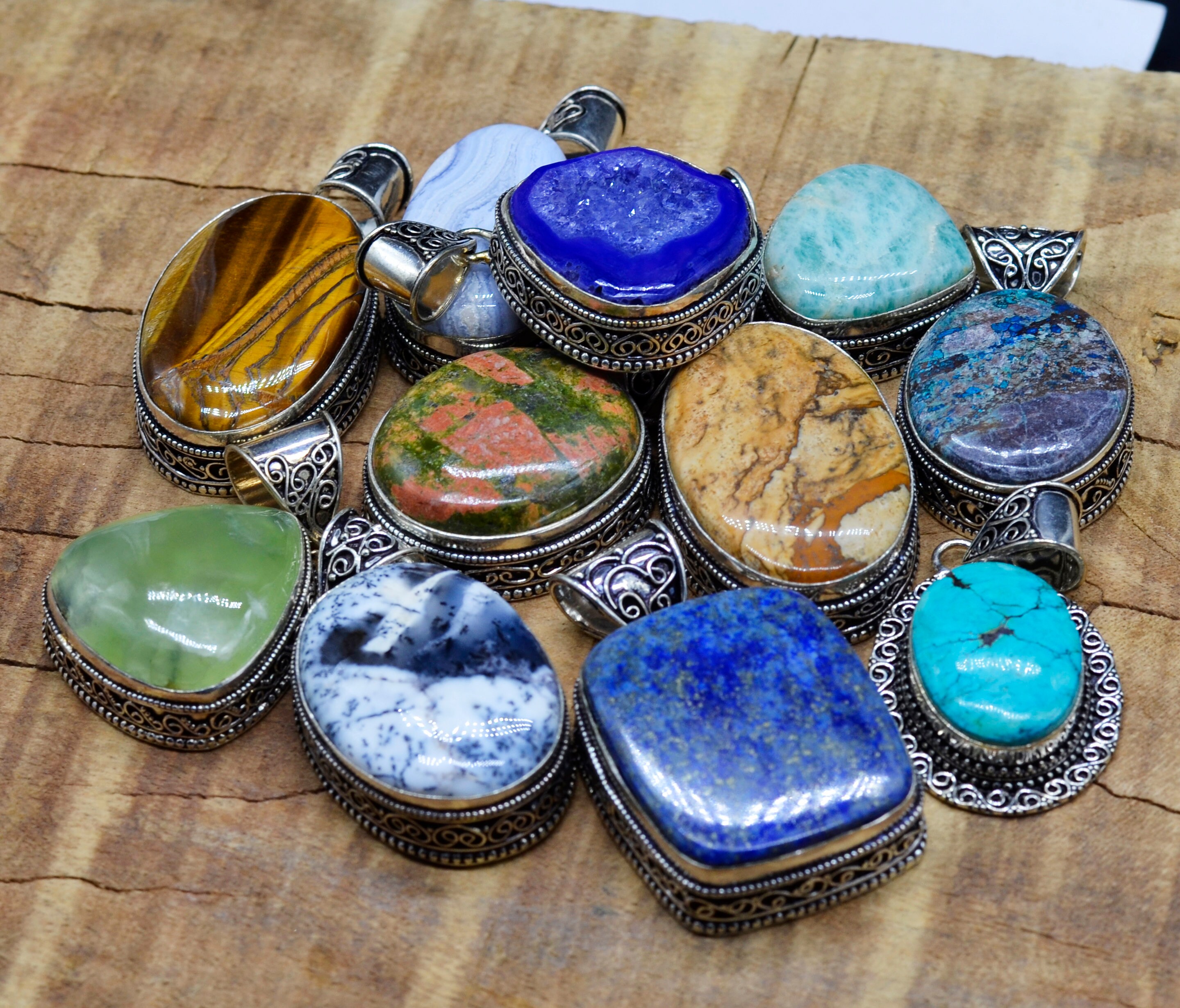 Natural Assorted Gemstone Pendant, Silver Plated Designer Pendants ...