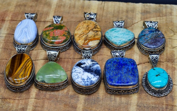 Natural Assorted Gemstone Pendant Silver Plated Designer - Etsy