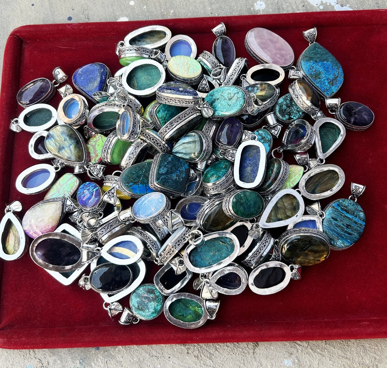 Natural Assorted Gemstone Pendant, Silver Plated Designer Pendants ...