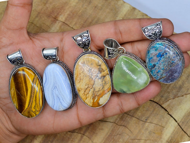 Natural Assorted Gemstone Pendant, Silver Plated Designer Pendants ...