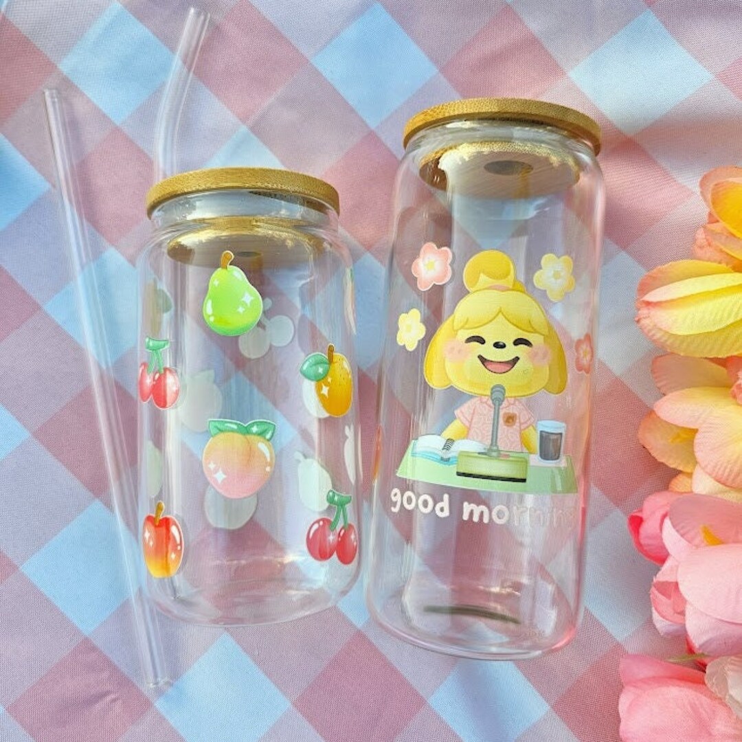 Animal Crossing Glass Cup With Bamboo Lid & Straw: Isabelle or Fruits ...