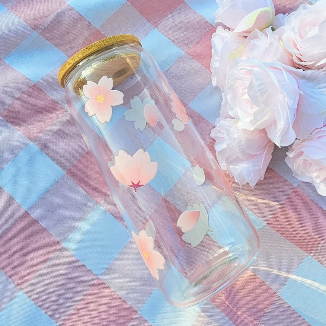 Cherry Blossom Flowers Glass Cup With Bamboo Lid and Glass Straw - Etsy