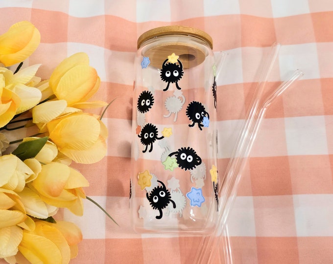 Cute Spirited Away Soot Sprites Glass Cup With Bamboo Lid and Glass ...