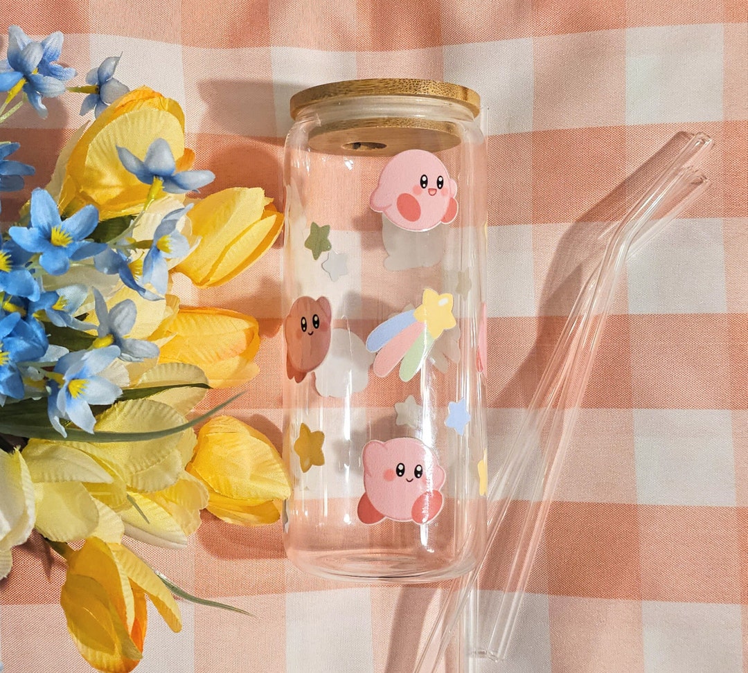 Cute Kirby Glass Cup With Bamboo Lid and Glass Straw - Etsy