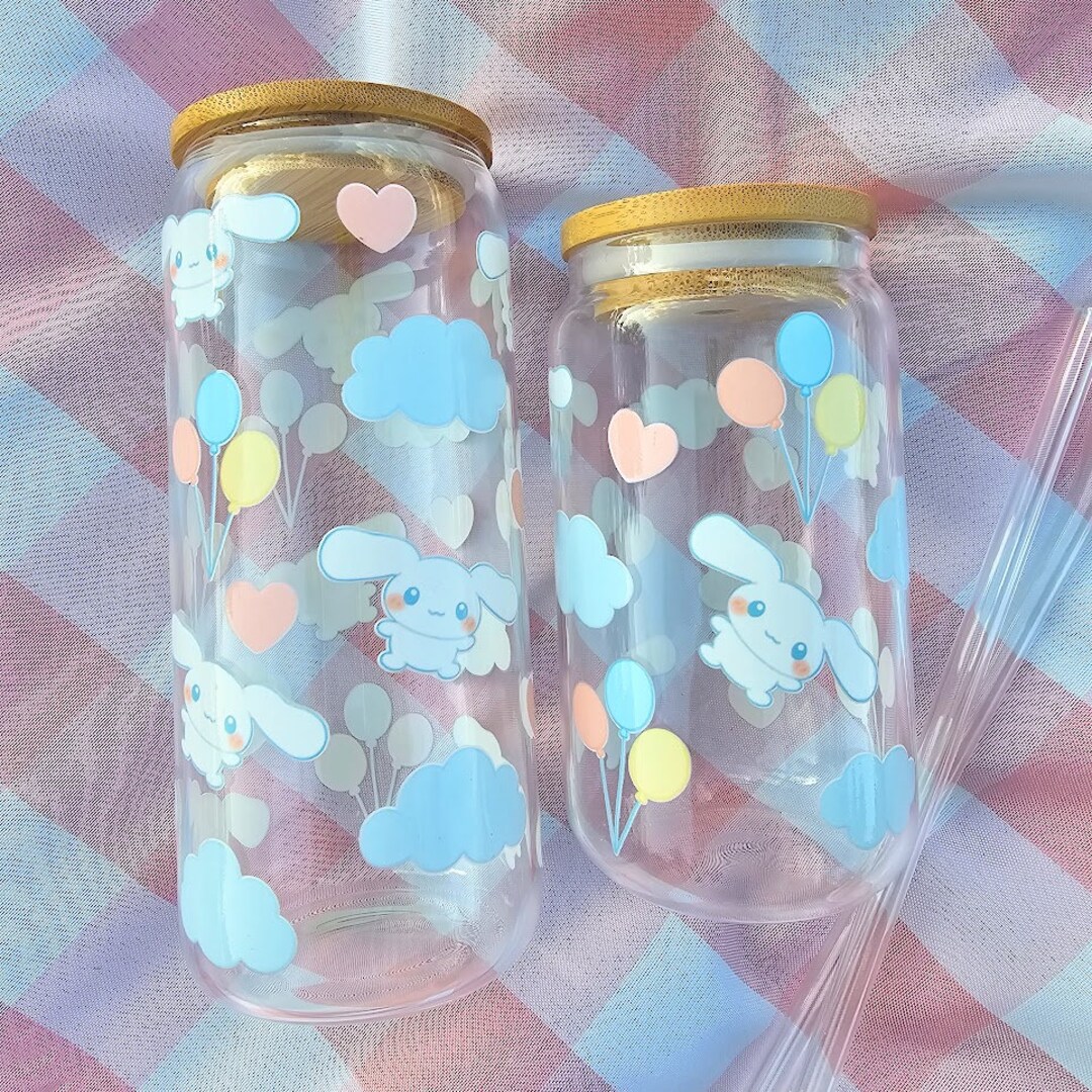 Cute Cinna Bunny Glass Cup With Bamboo Lid and Glass Straw - Etsy