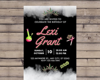 Cannabis Birthday Invitation, Weed Party, Stoner Girl, Customized Card ...