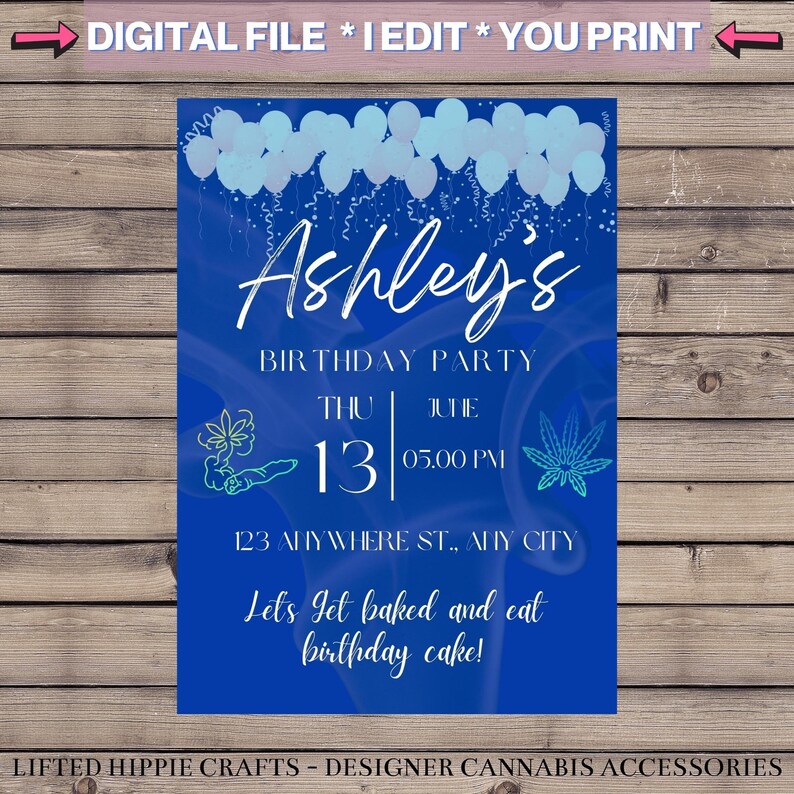 Cannabis Birthday Invitation, Weed Party, Stoner Girl, Customized Card ...