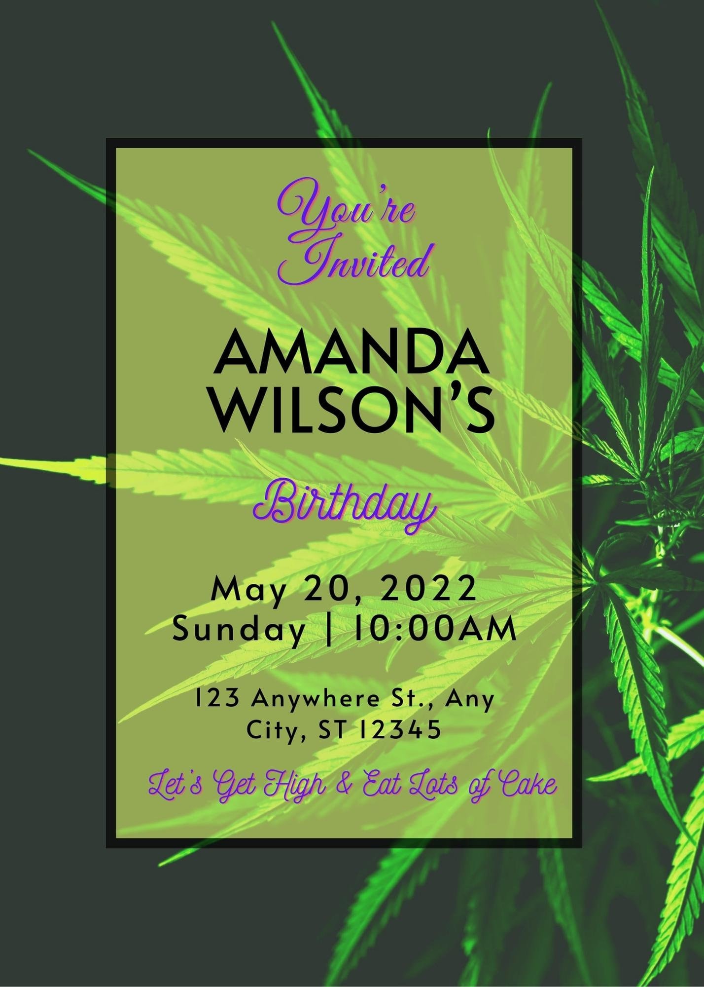 Cannabis Birthday Invitation Weed Party Stoner Girl - Etsy