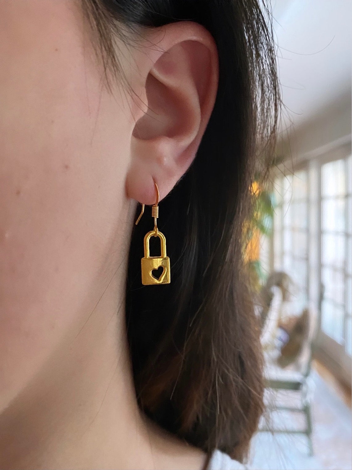 Gold Plated Heart Lock Earring, Lock Earrings, Padlock Earrings, Gold ...