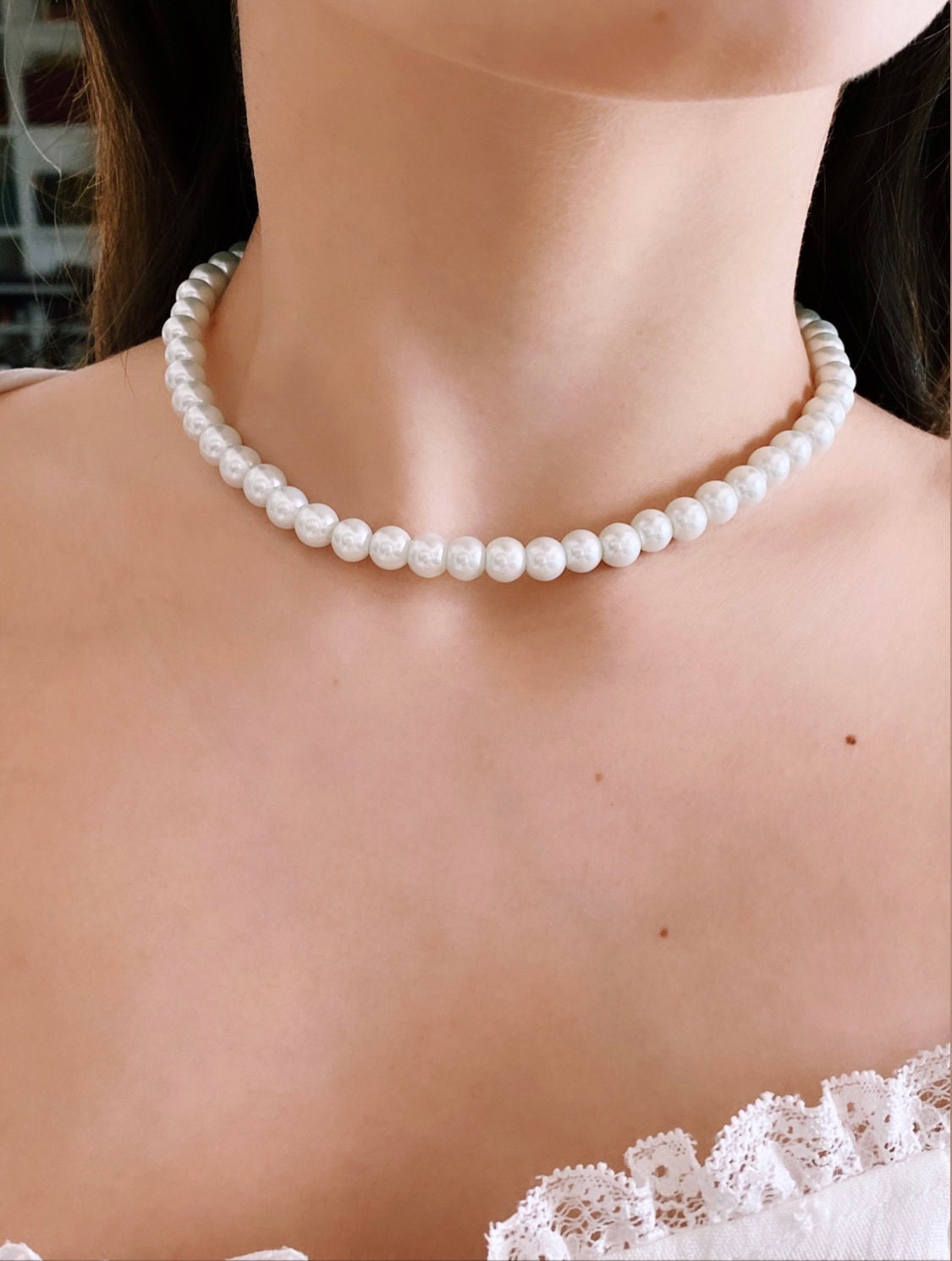 Collar De Perlas Clásicas Collar De Perlas Blancas Etsy